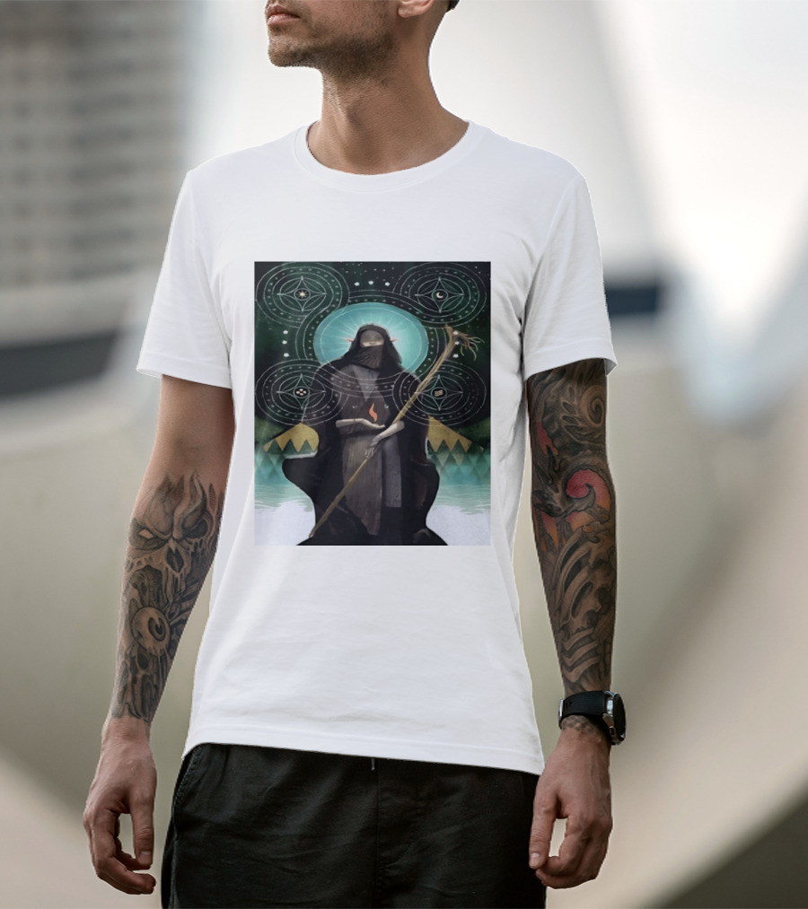 Mystical Elf Mage Staff Elemental Magic Symbols Enchanted Circles T-Shirt