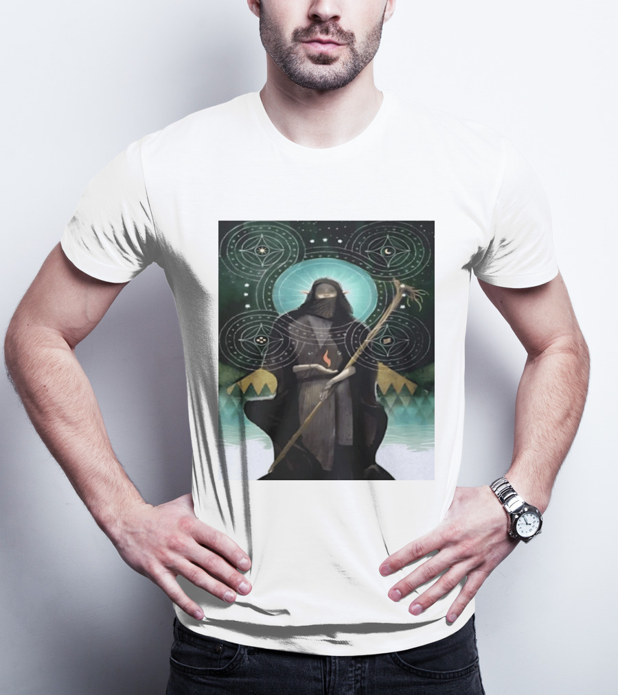 Mystical Elf Mage Staff Elemental Magic Symbols Enchanted Circles T-Shirt