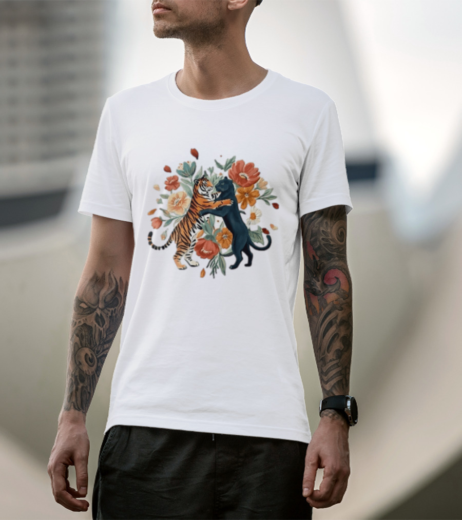 Tiger Black Panther Embrace Floral Bouquet Watercolor T-Shirt