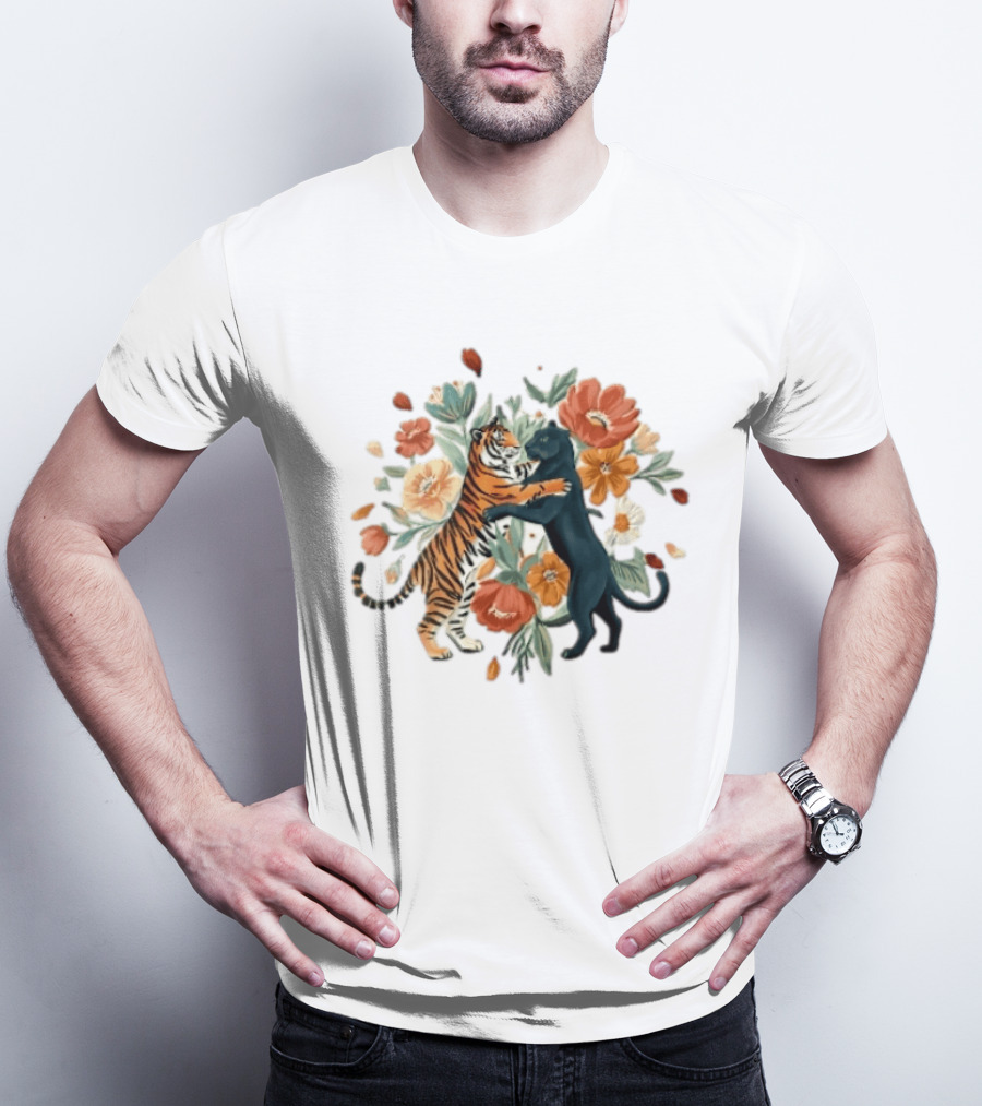 Tiger Black Panther Embrace Floral Bouquet Watercolor T-Shirt