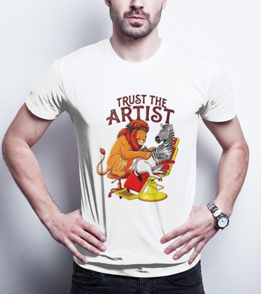 Trust The Artist Lion Tattooing Zebra In Barber Chair T-Shirt
