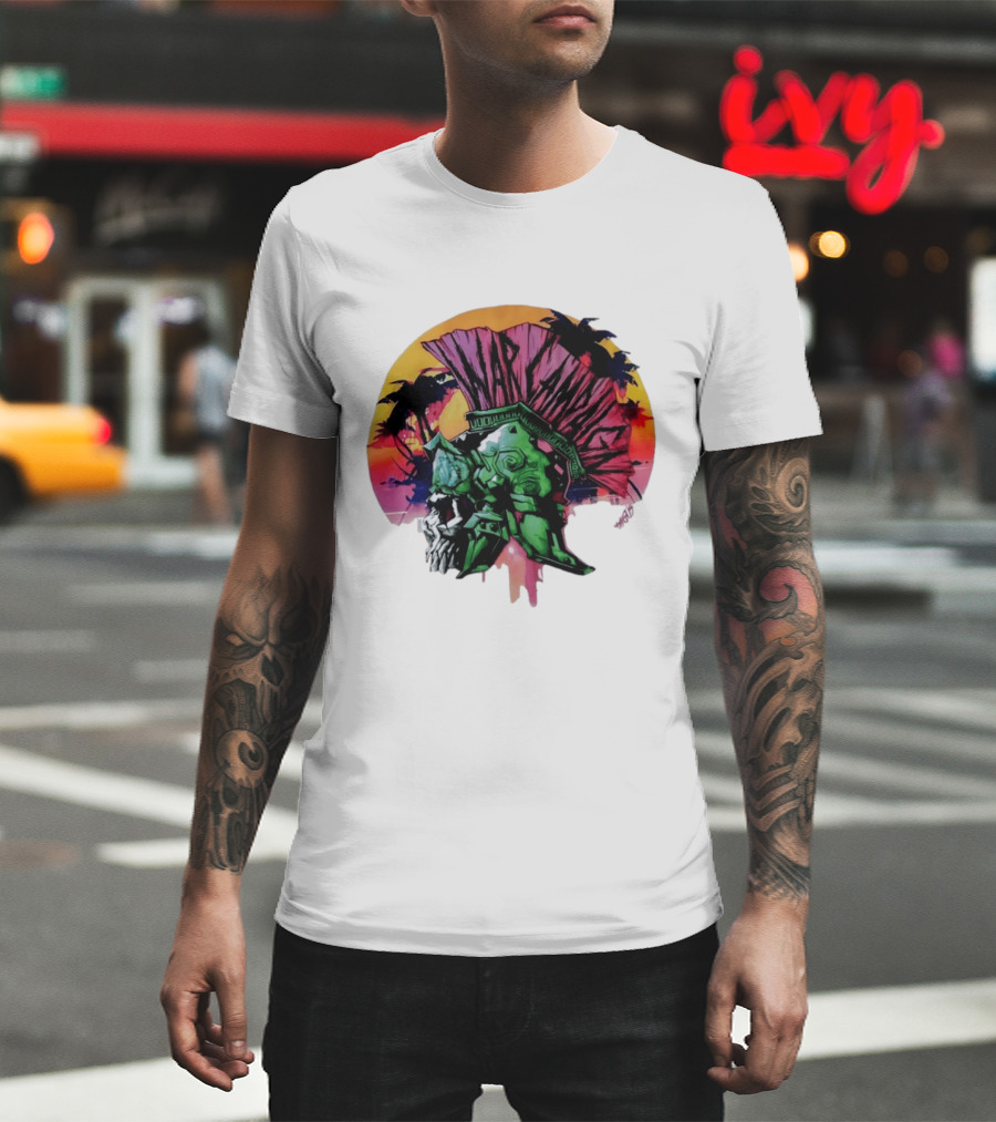 Warcraft Skull Spartan Helmet Tropical Sunset T-Shirt