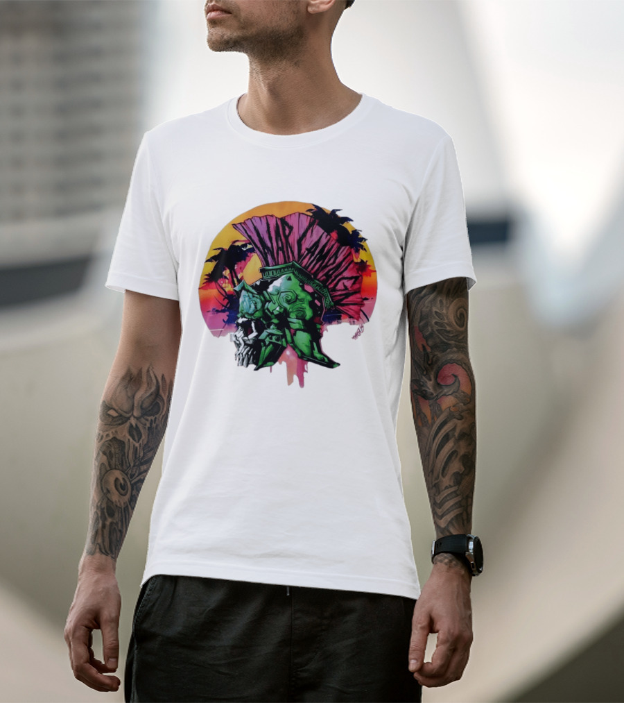 Warcraft Skull Spartan Helmet Tropical Sunset T-Shirt