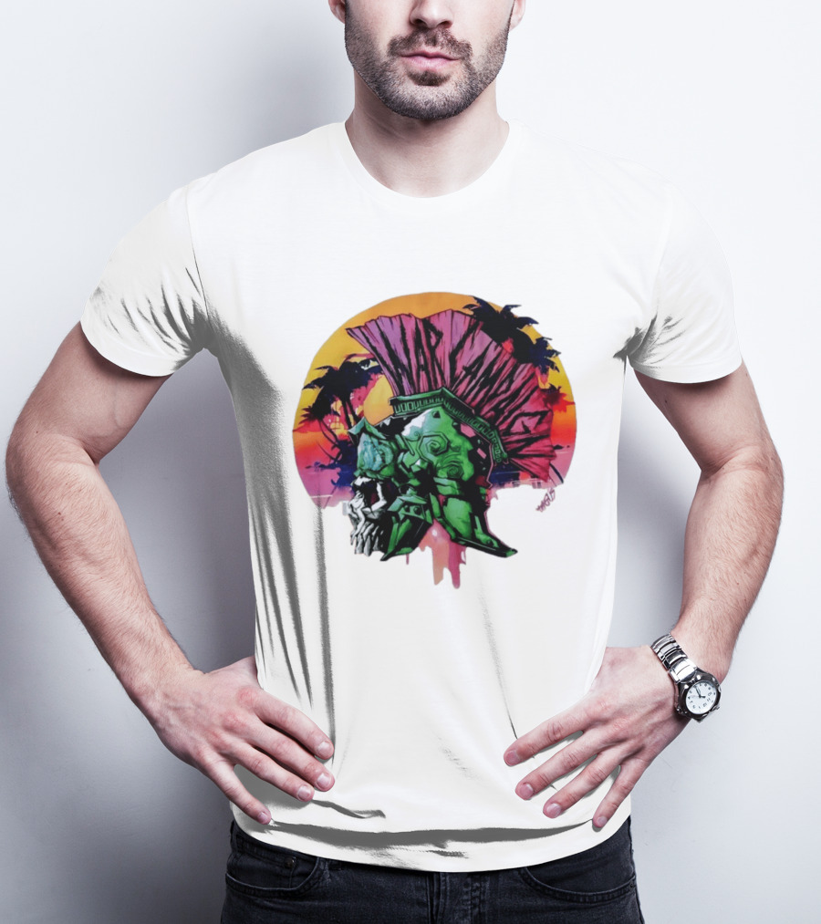 Warcraft Skull Spartan Helmet Tropical Sunset T-Shirt