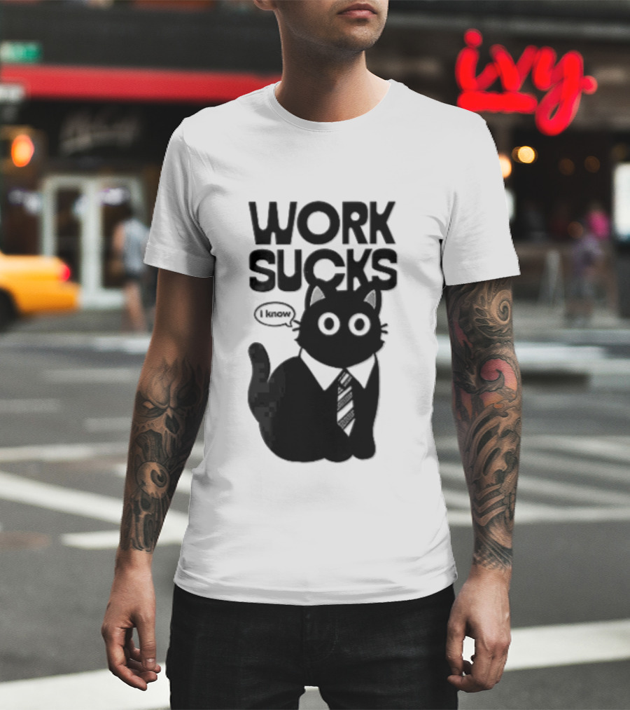 Work Sucks I Know Cartoon Black Cat T-Shirt