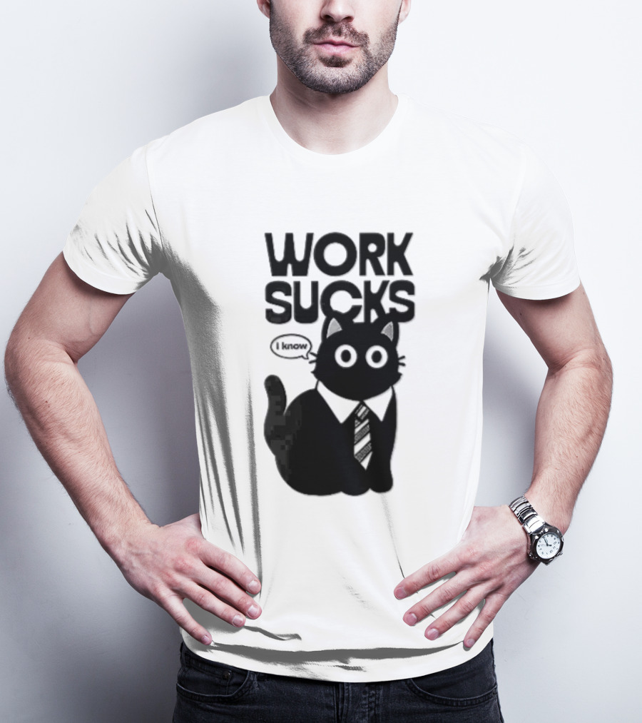 Work Sucks I Know Cartoon Black Cat T-Shirt