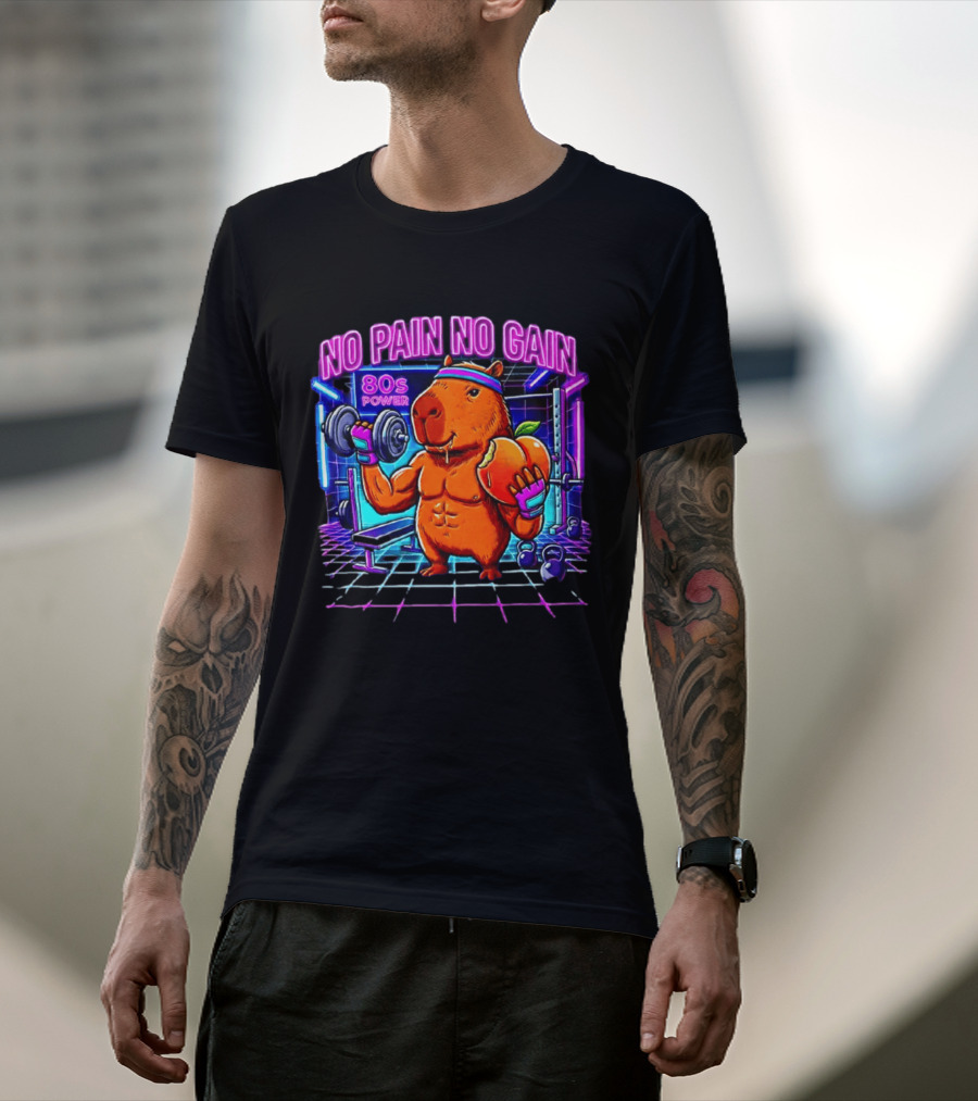 Capybara No Pain No Gain 80s Power Lifting Fitness Workout Gym T-Shirt