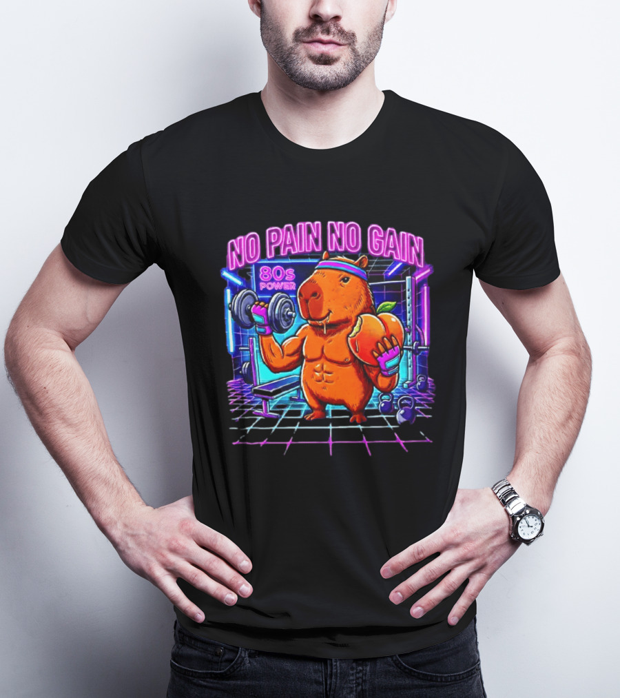 Capybara No Pain No Gain 80s Power Lifting Fitness Workout Gym T-Shirt
