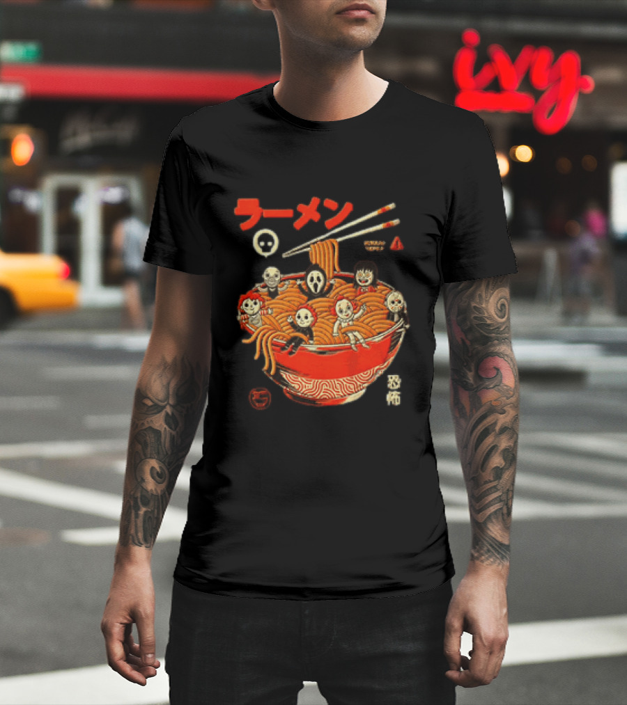 Chucky Ghostface Kayako Michael Myers Pennywise Jason Voorhees Ramen Horror Characters Eat Scream T-Shirt