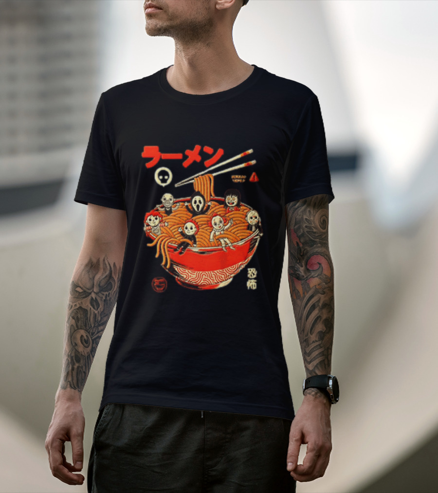 Chucky Ghostface Kayako Michael Myers Pennywise Jason Voorhees Ramen Horror Characters Eat Scream T-Shirt