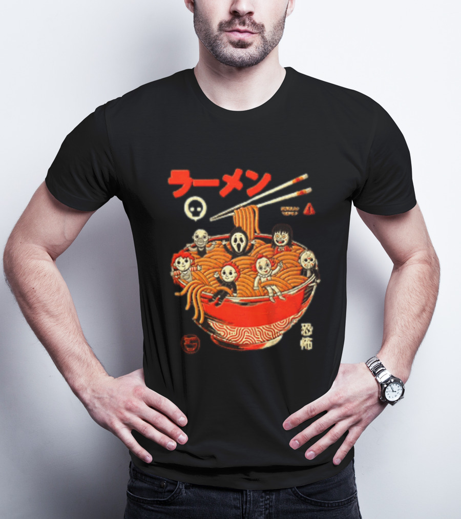Chucky Ghostface Kayako Michael Myers Pennywise Jason Voorhees Ramen Horror Characters Eat Scream T-Shirt