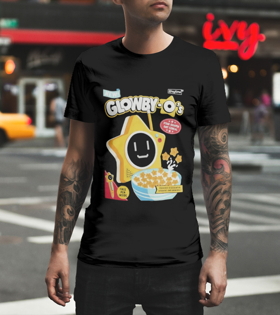 NEW Playtime Co Glowby O's Star Shaped Oat Cereal Box With Smiling Star And Bowl Of Cereal Bites T-Shirt