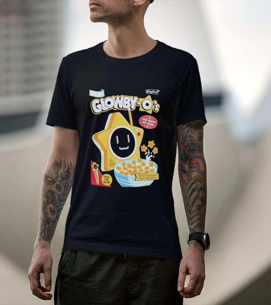NEW Playtime Co Glowby O's Star Shaped Oat Cereal Box With Smiling Star And Bowl Of Cereal Bites T-Shirt