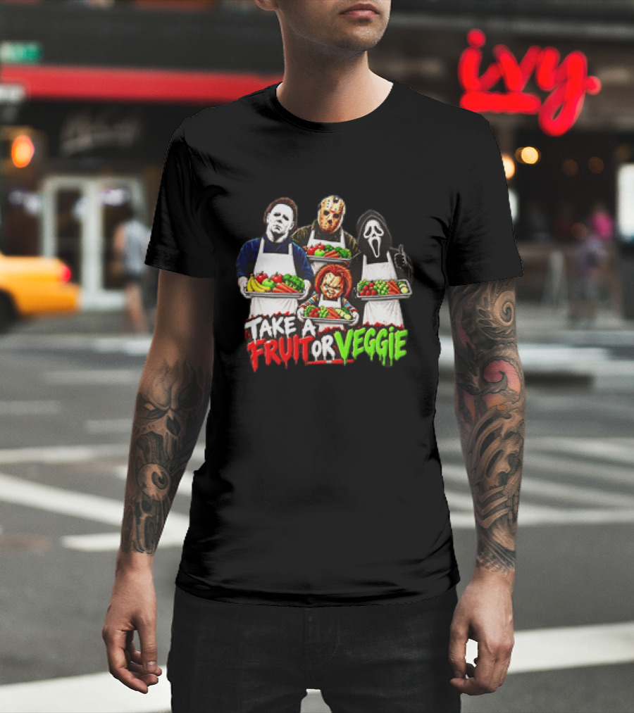 Michael Myers Jason Voorhees Ghostface Chucky Horror Movie Take A Fruit Or Veggie T-Shirt