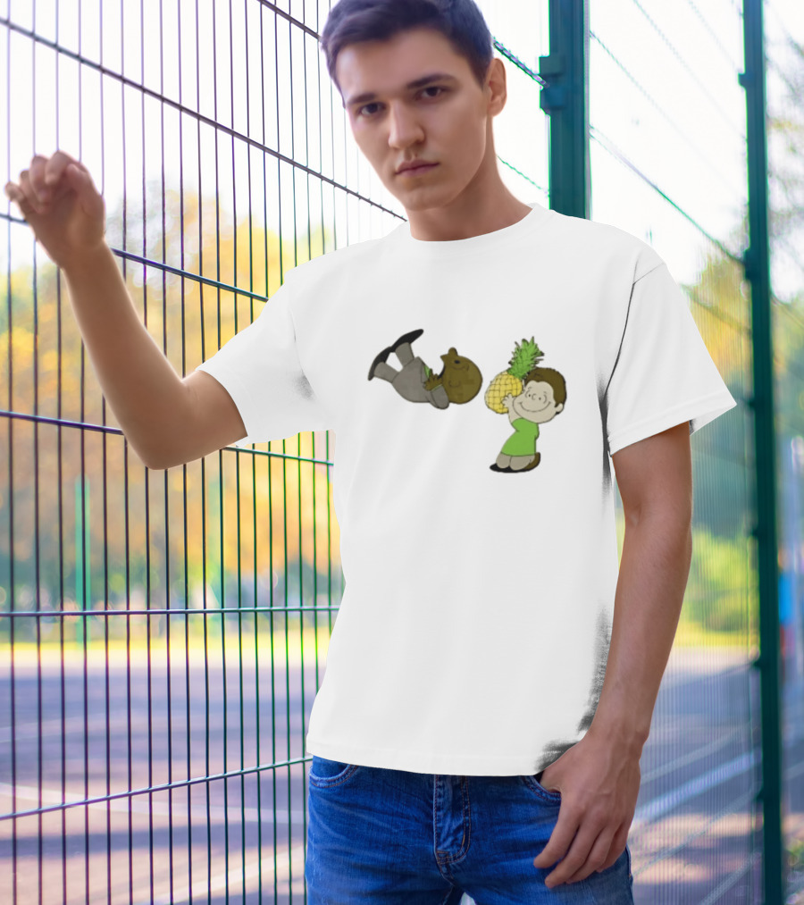 Cartoon Smiling Boy With Upside Down Pineapple Suit Person T-Shirt