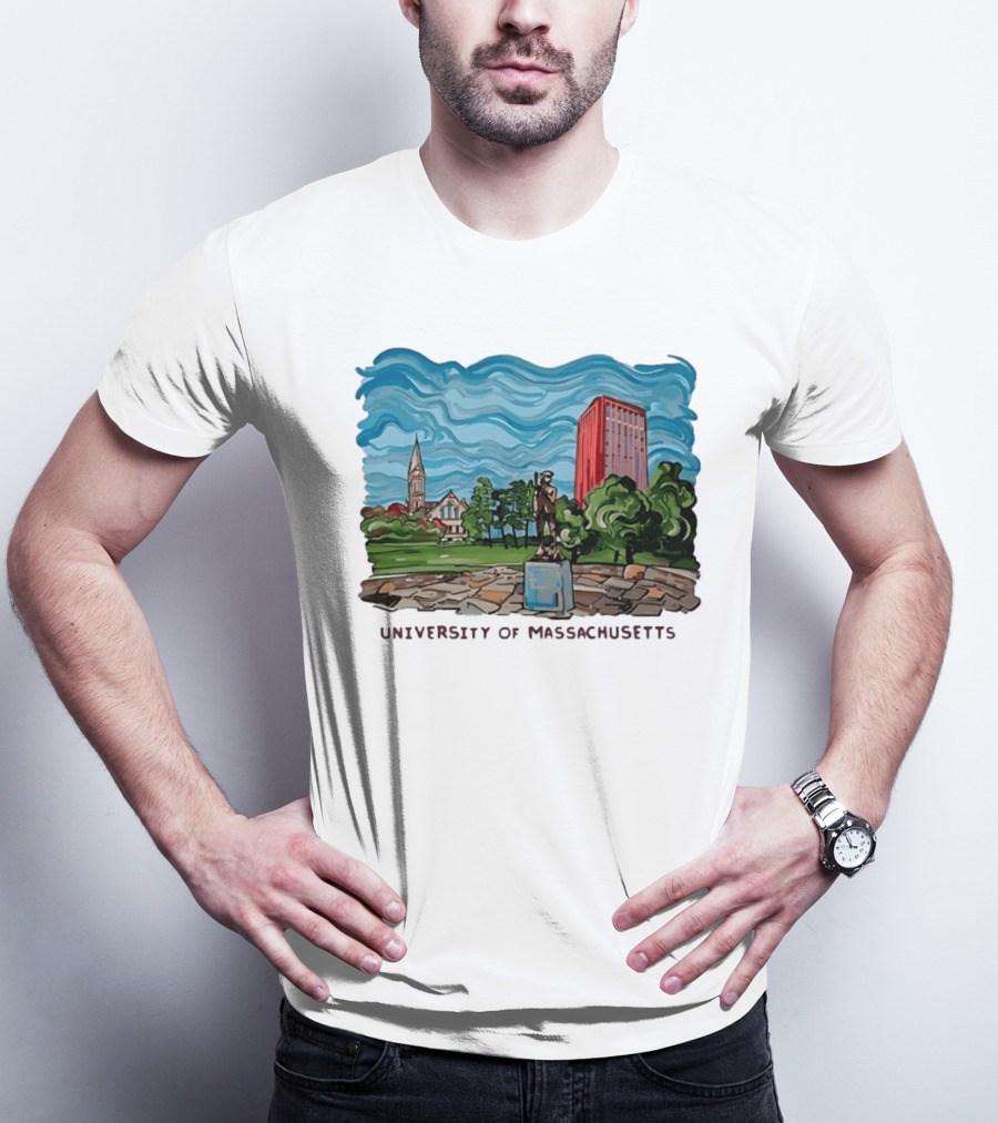 University Of Massachusetts Landmark Campus Scene Tower And Trees T-Shirt