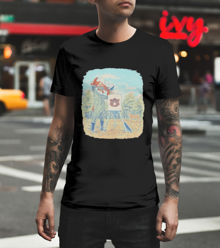 Aubie The Tiger Auburn University Deer Hunting Scene With Feeder And Deer T-Shirt