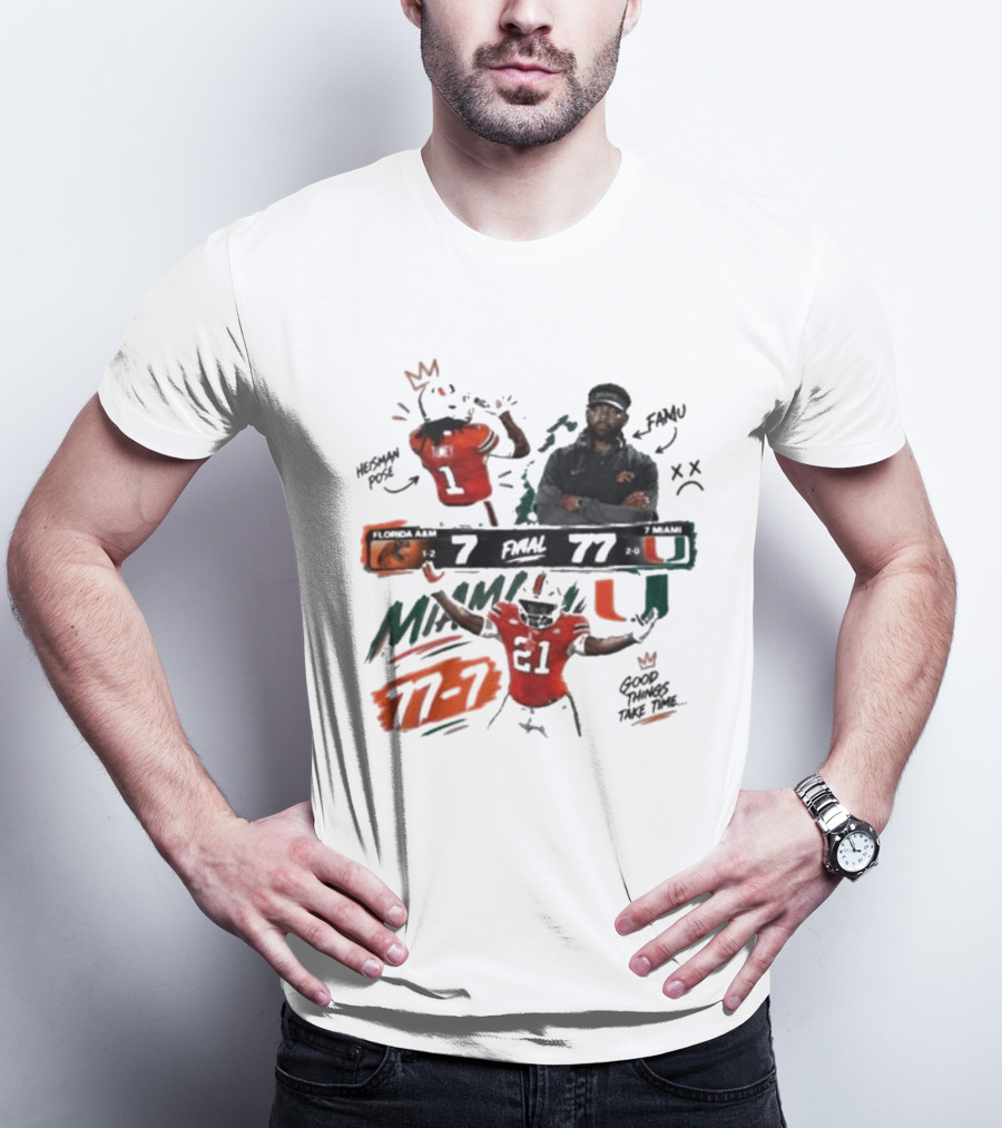 Miami 77 Final Florida A&M 7 College Football Game Highlights T-Shirt