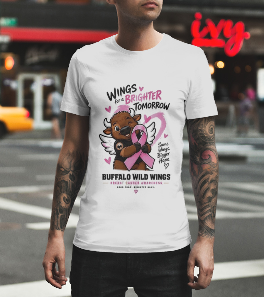 Wings For A Brighter Tomorrow Buffalo Wild Wings Breast Cancer Awareness Pink Ribbon Hearts T-Shirt
