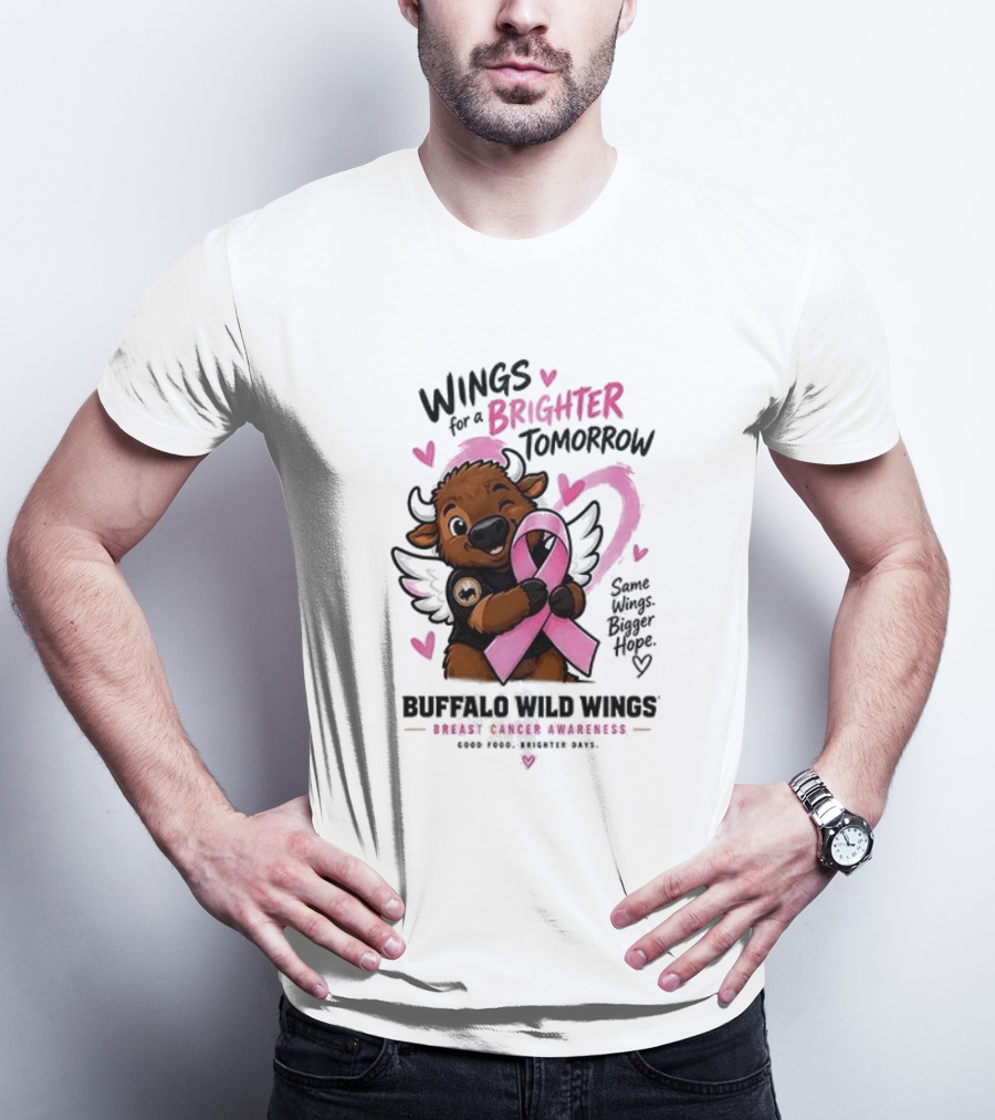 Wings For A Brighter Tomorrow Buffalo Wild Wings Breast Cancer Awareness Pink Ribbon Hearts T-Shirt
