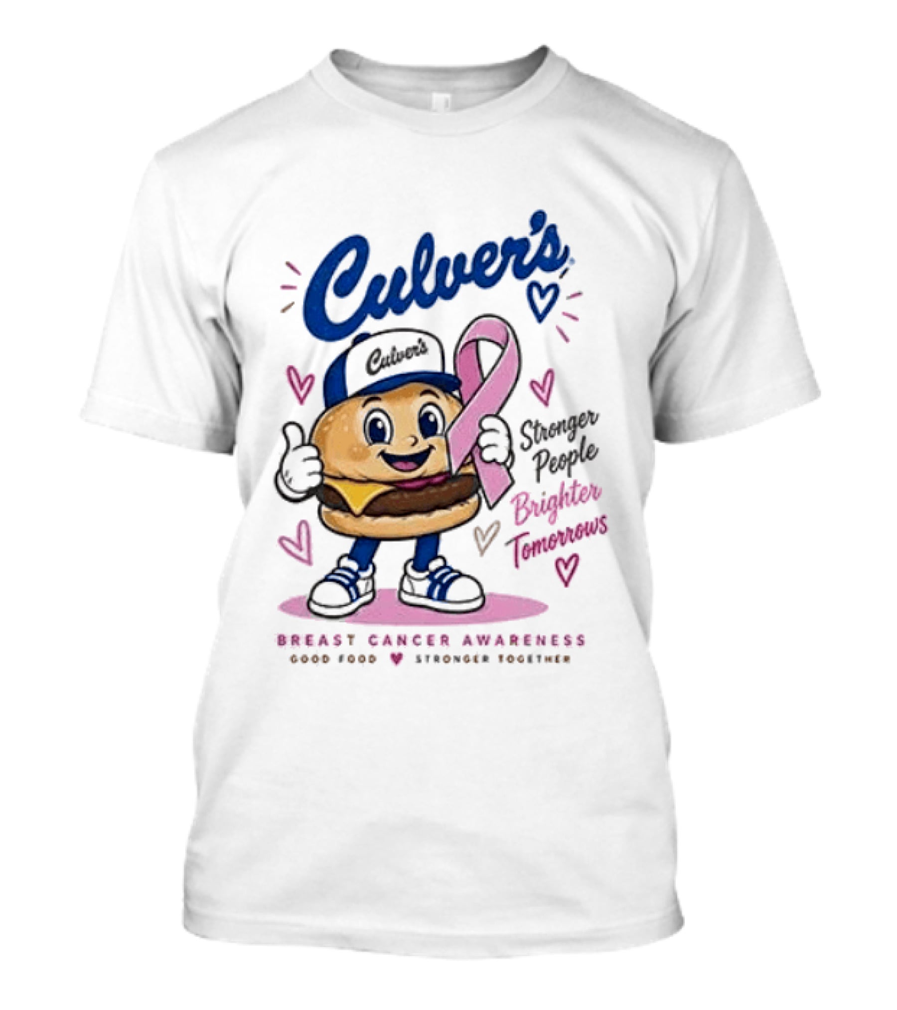 Culver's Breast Cancer Awareness Stronger People Brighter Tomorrows Burger Character With Pink Ribbon T-Shirt