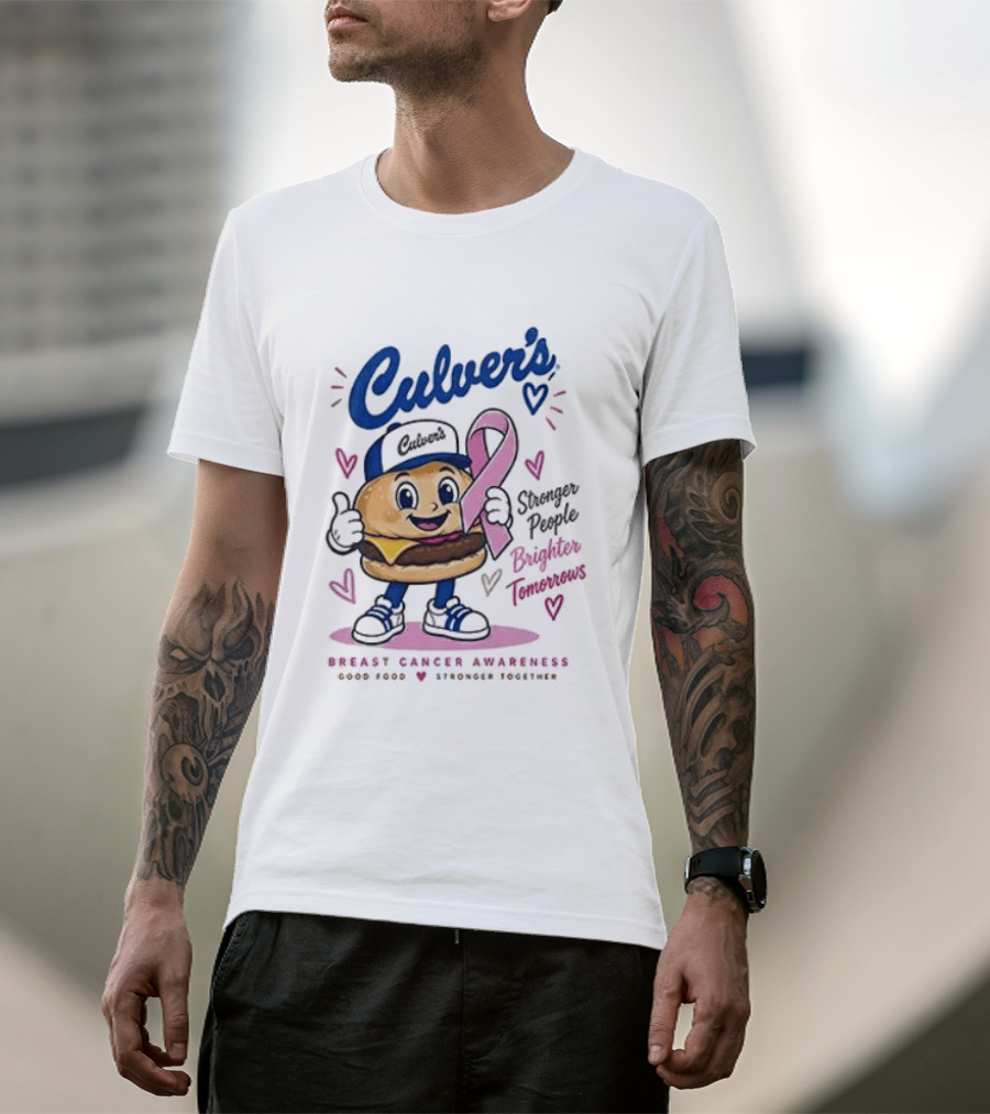 Culver's Breast Cancer Awareness Stronger People Brighter Tomorrows Burger Character With Pink Ribbon T-Shirt
