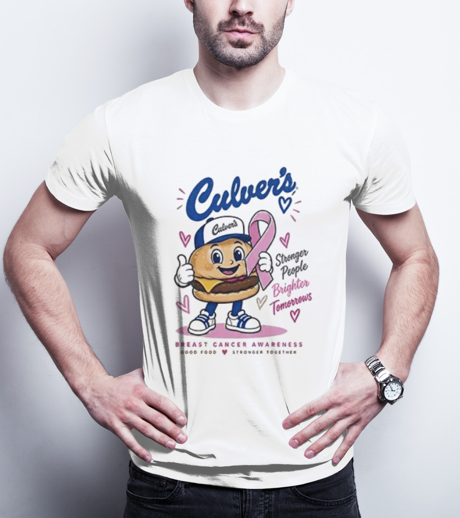 Culver's Breast Cancer Awareness Stronger People Brighter Tomorrows Burger Character With Pink Ribbon T-Shirt