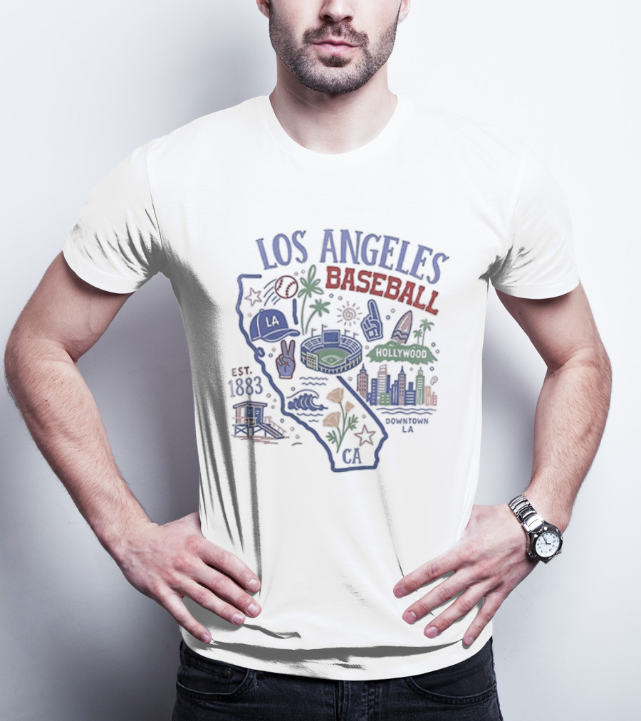 Los Angeles Baseball Est 1883 California Map Stadium And Poppy Flowers T-Shirt