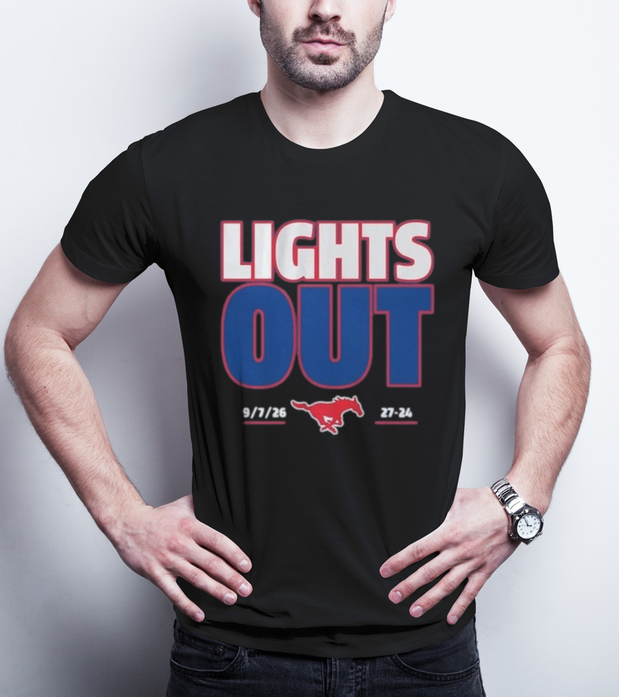 SMU Mustangs Football Lights Out 9 7 26 27 24 T-Shirt