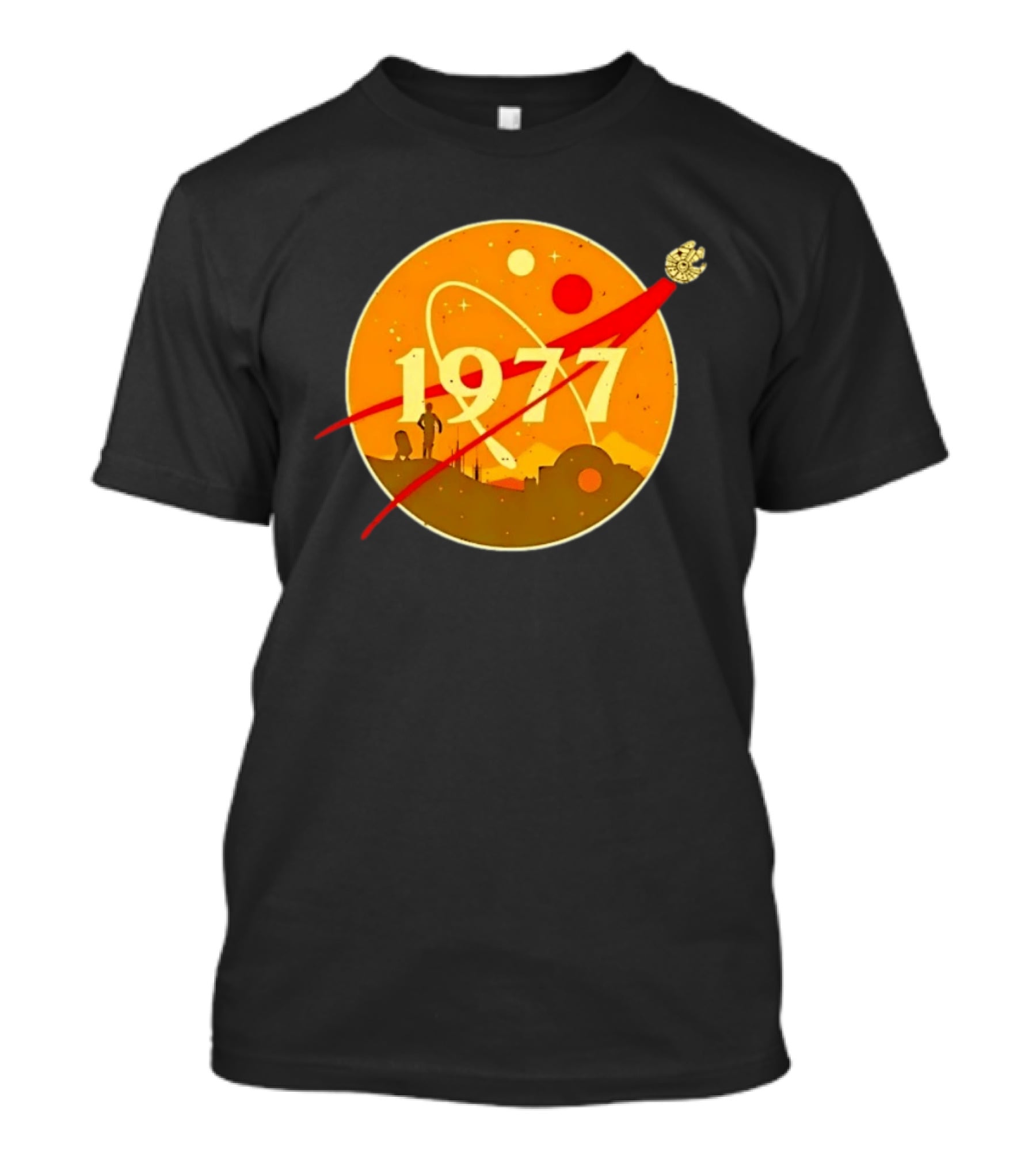 Star Wars 1977 Millennium Falcon Space Desert Silhouette Planetary Orbit T-Shirt