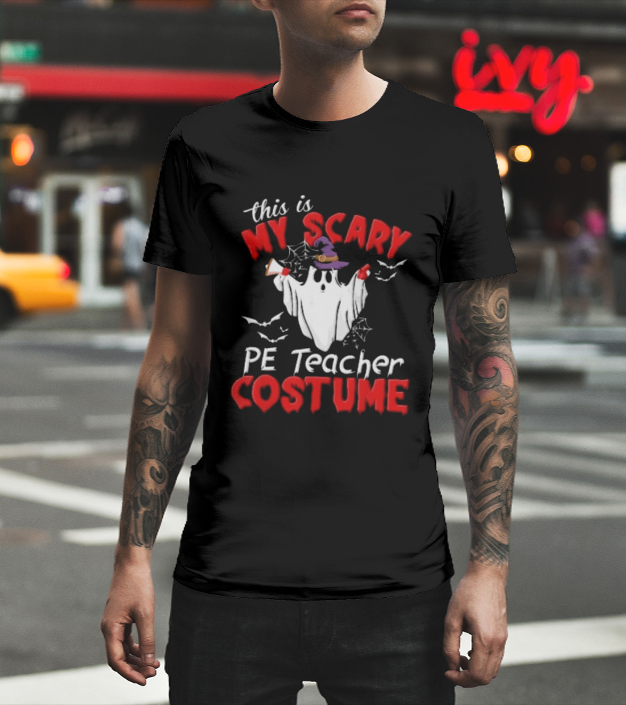 Scary PE Teacher Costume Ghost Witch Hat Whistle Megaphone Halloween T-Shirt