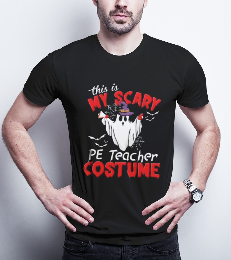 Scary PE Teacher Costume Ghost Witch Hat Whistle Megaphone Halloween T-Shirt