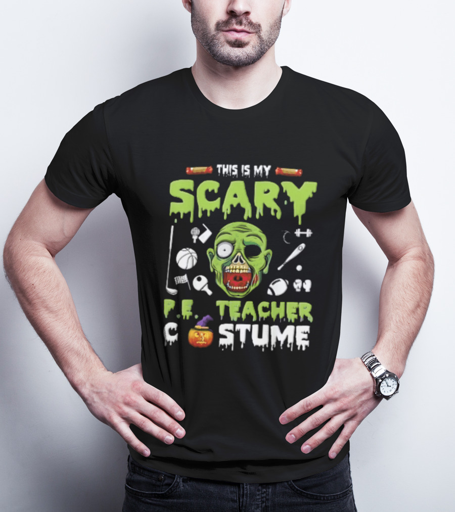 This Is My Scary PE Teacher Costume Zombie Head Sports Equipment Pumpkin T-Shirt