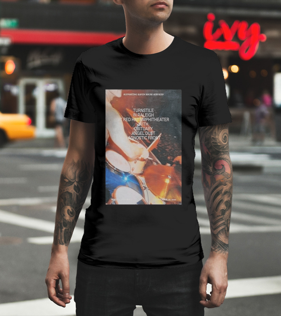 Turnstile Raleigh Red Hat Amphitheater September 29 2026 Obituary Angel Dust Agnostic Front Concert Supporting Haven House Services T-Shirt
