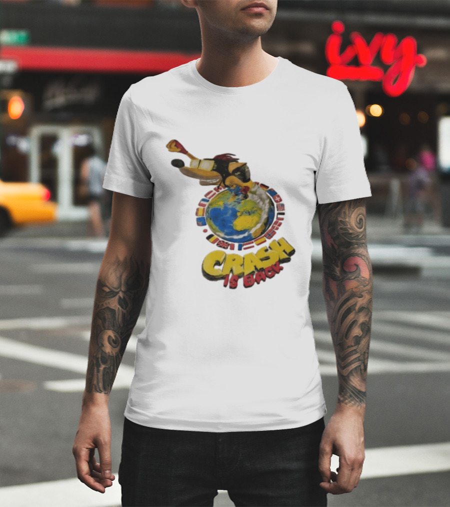 Crash Is Back Jetpack Adventure World Flags Globe Cartoon T-Shirt