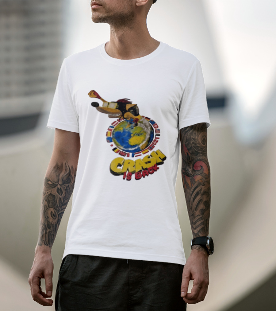 Crash Is Back Jetpack Adventure World Flags Globe Cartoon T-Shirt