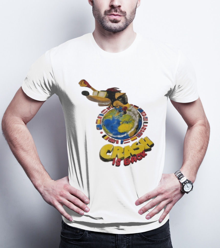 Crash Is Back Jetpack Adventure World Flags Globe Cartoon T-Shirt