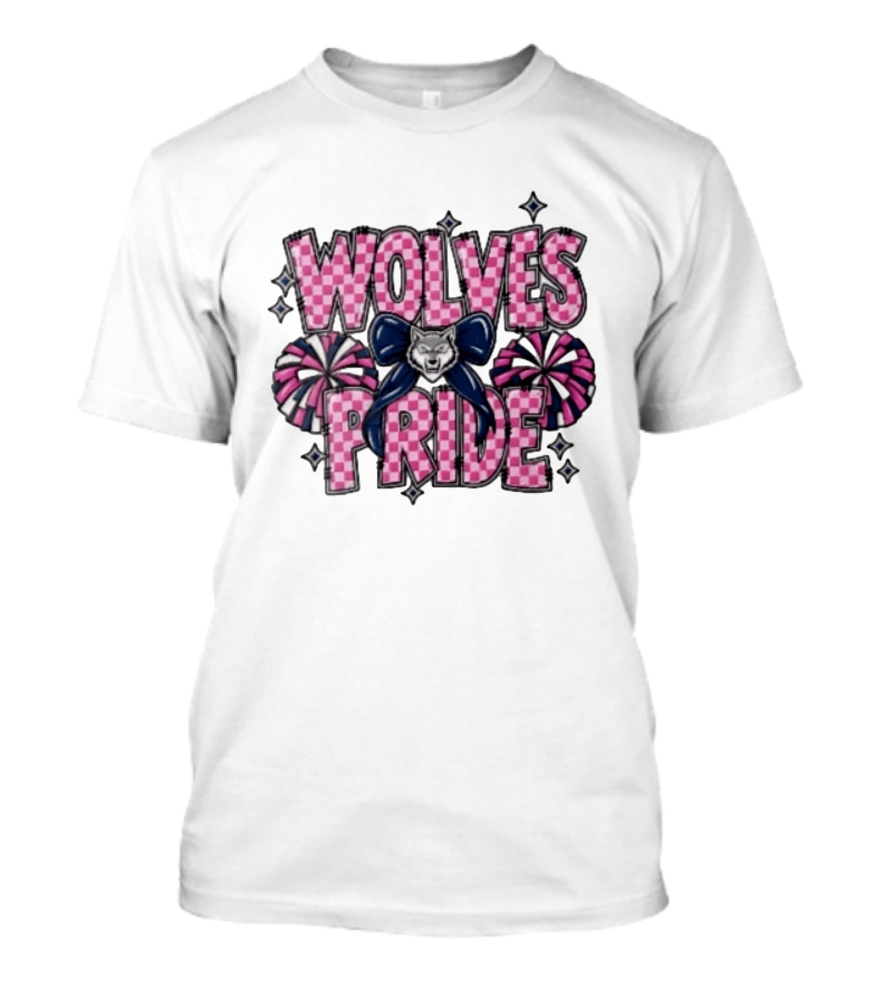 Wolves Pride Pink Checkered Cheerleading Pompoms And Wolf Bow T-Shirt