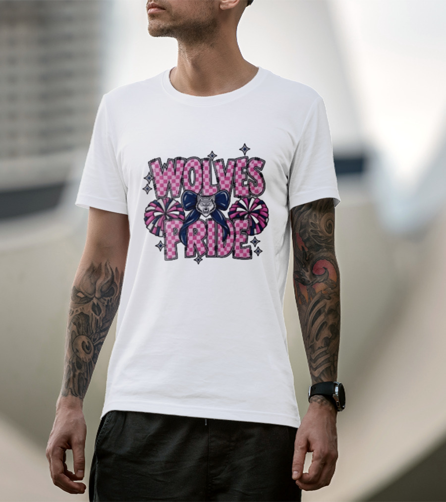 Wolves Pride Pink Checkered Cheerleading Pompoms And Wolf Bow T-Shirt