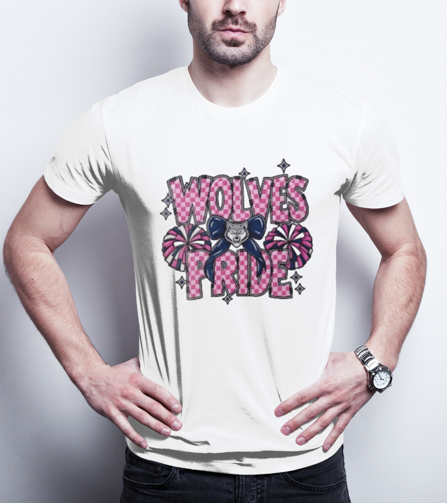 Wolves Pride Pink Checkered Cheerleading Pompoms And Wolf Bow T-Shirt