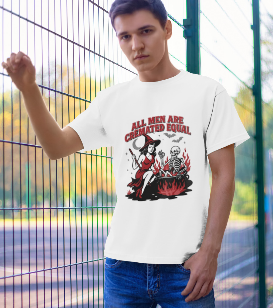 All Men Are Cremated Equal Witch Skeleton Cauldron Halloween T-Shirt