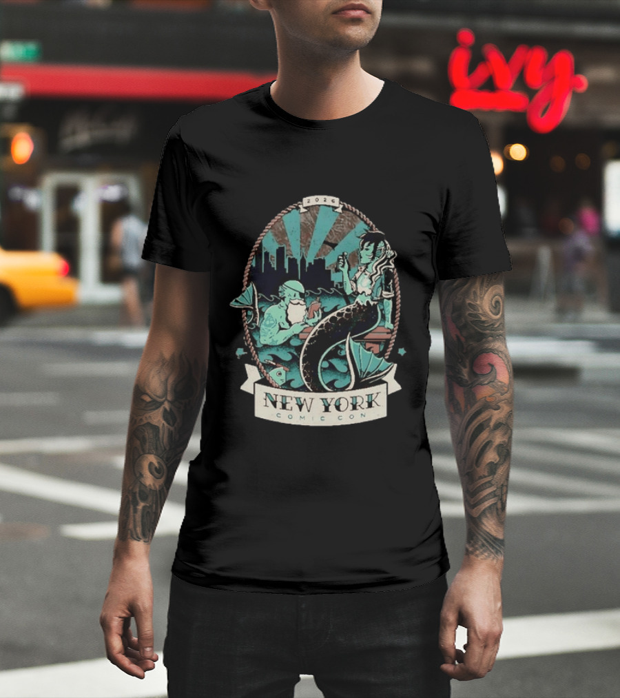 New York Comic Con 2026 Mermaid Merman City Skyline Ocean T-Shirt