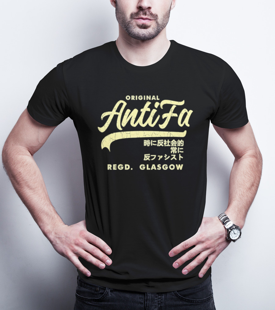 Original AntiFa Regd Glasgow Distressed Japanese Text Anti Fascist T-Shirt