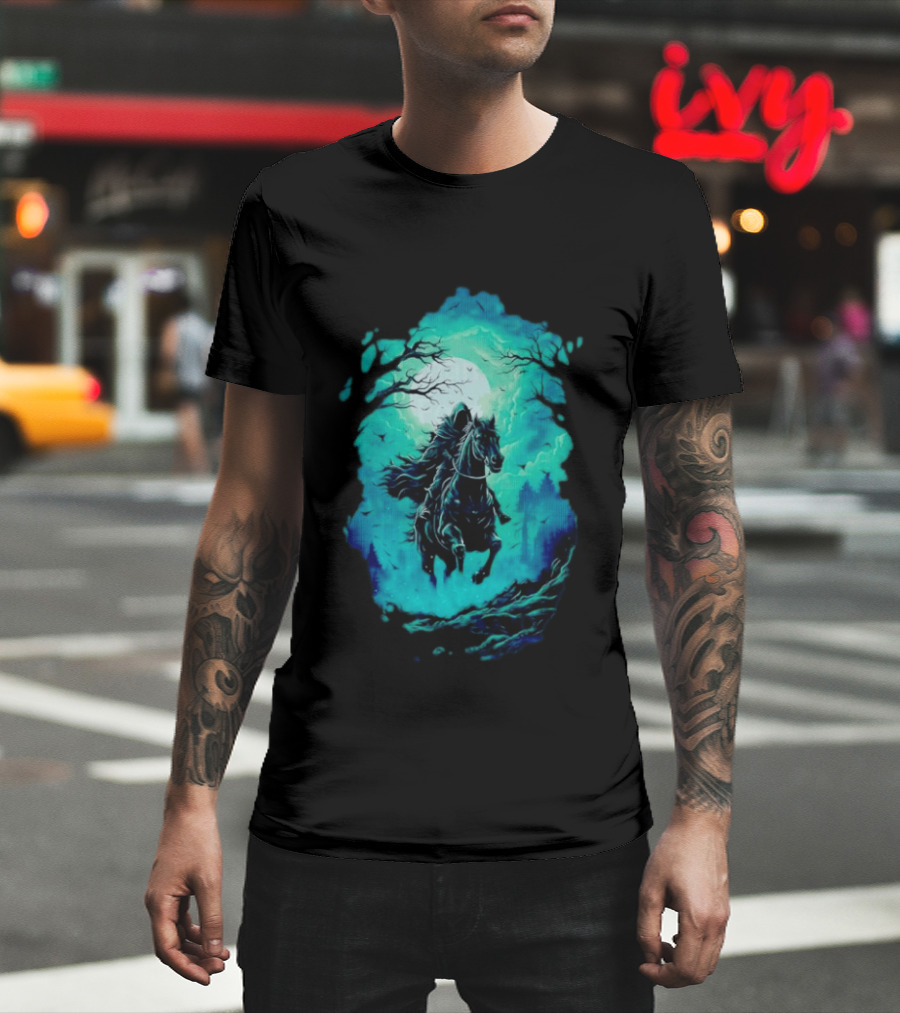 Headless Horseman Eerie Night Ride Through Spooky Forest T-Shirt