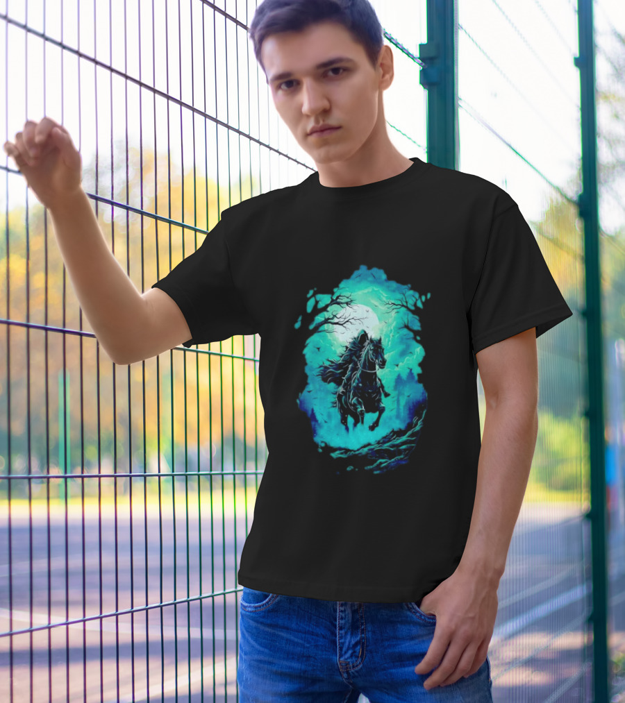 Headless Horseman Eerie Night Ride Through Spooky Forest T-Shirt