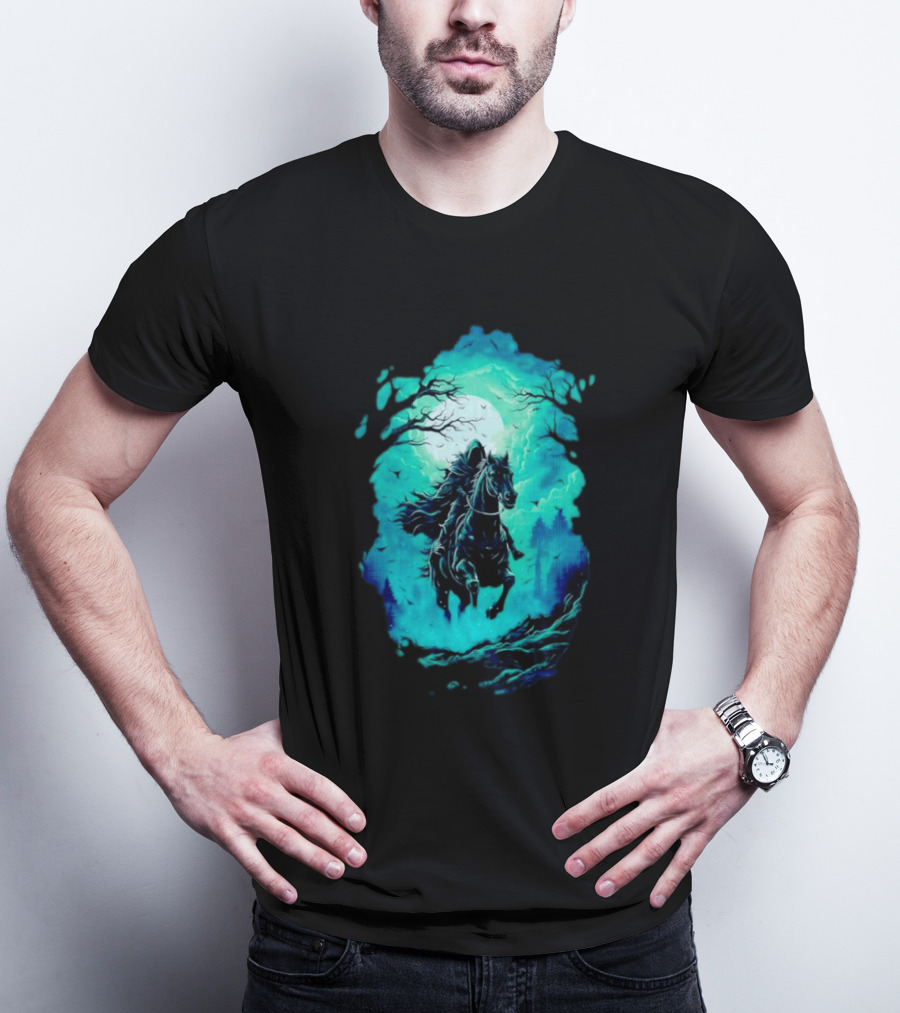 Headless Horseman Eerie Night Ride Through Spooky Forest T-Shirt