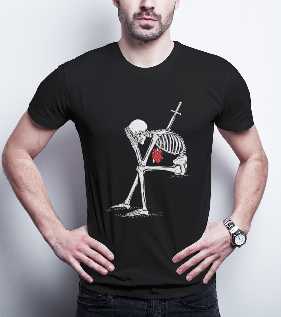 Sad Skeleton With Sword And Bleeding Heart Drawing T-Shirt