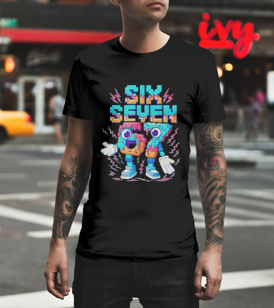 Six Seven Donut Cartoon Sprinkles With Colorful Numbers And Playful T-Shirt