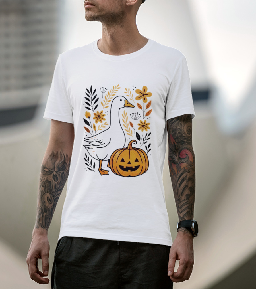 Pumpkin Jack O Lantern Goose Fall Farmhouse Floral Halloween T-Shirt