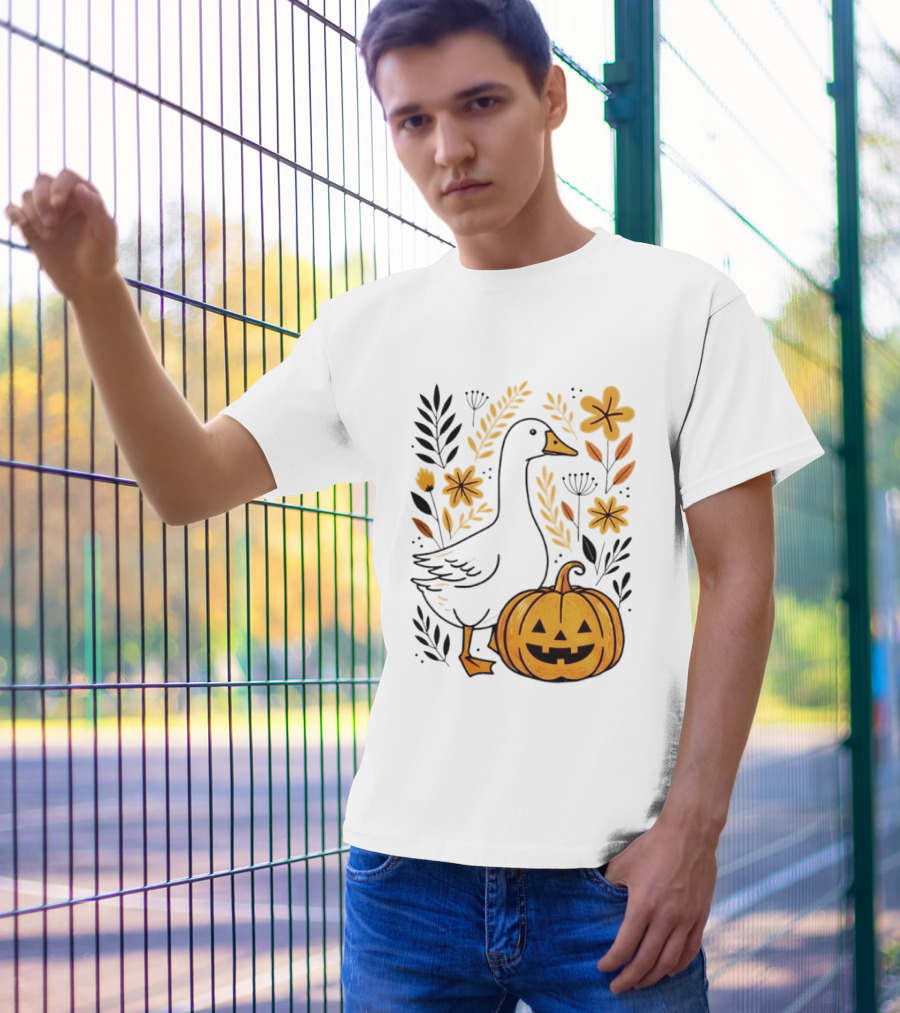 Pumpkin Jack O Lantern Goose Fall Farmhouse Floral Halloween T-Shirt